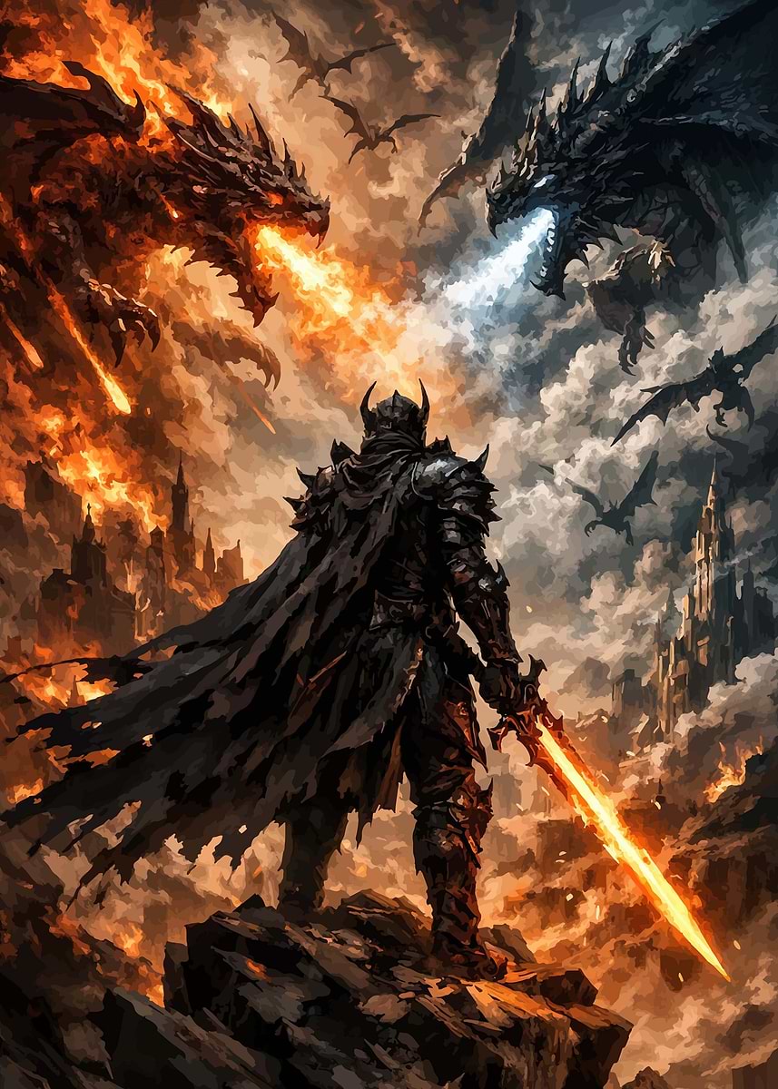 'Knight vs Dragons in Fiery Battle' Poster, picture, metal print, paint ...