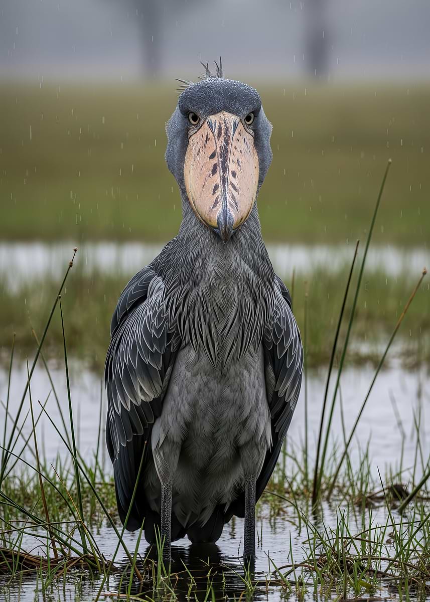 'Shoebill Stork in the Rain' Poster, picture, metal print, paint by ...