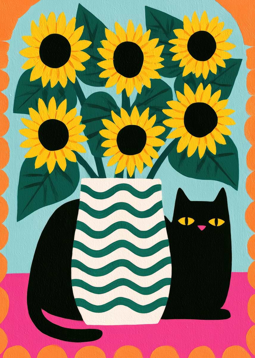 'Black Cat with Sunflowers in a Vase' Poster, picture, metal print ...