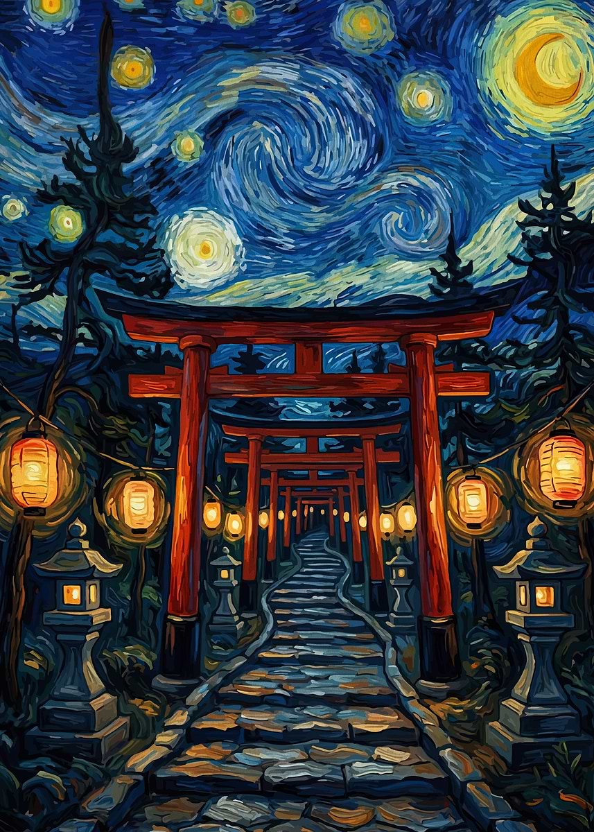 'Starry Night Torii Gate Path' Poster, picture, metal print, paint by ...