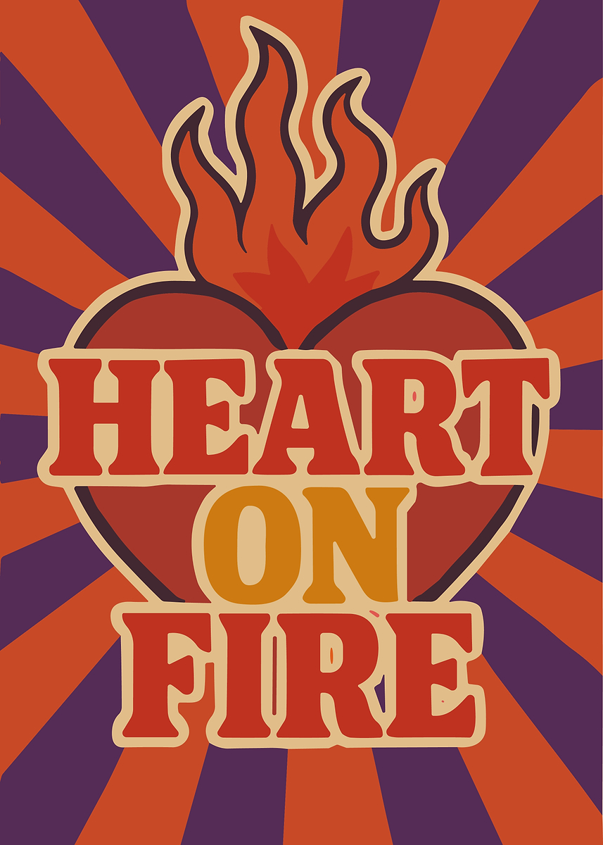 'Heart On Fire Retro Poster Vintage Flame Graphic Wall Art' Poster ...