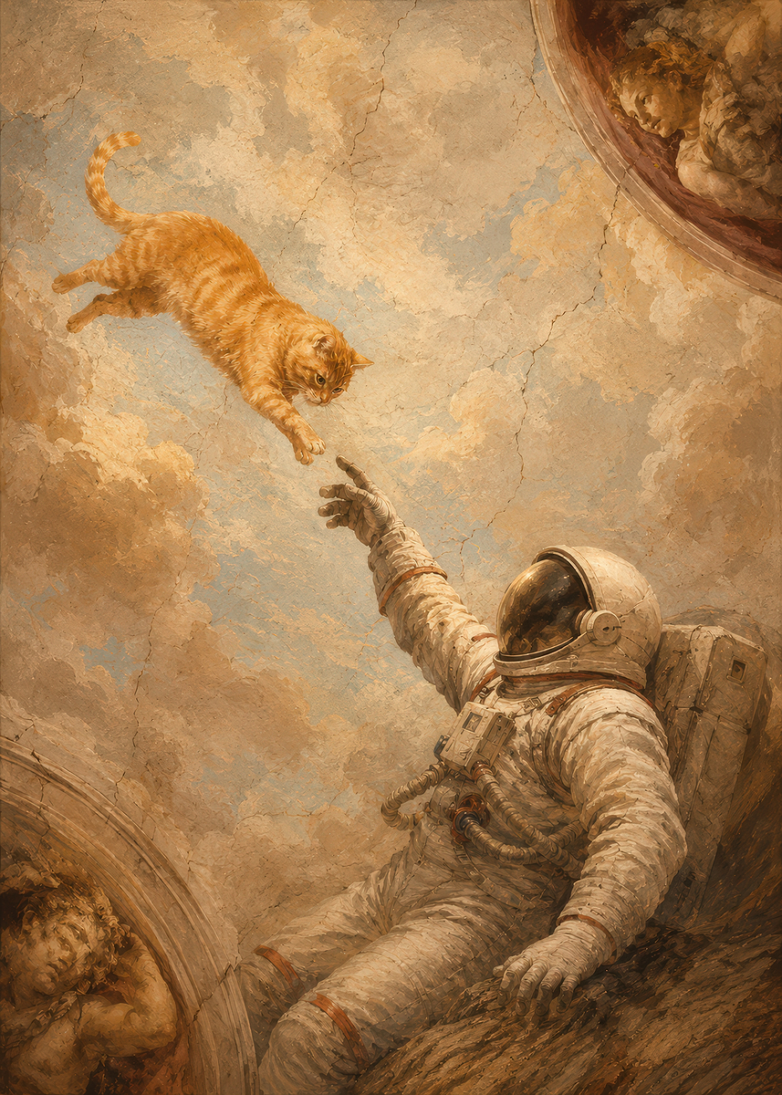 'Astronaut Reaching for a Cat' Poster, picture, metal print, paint by ...