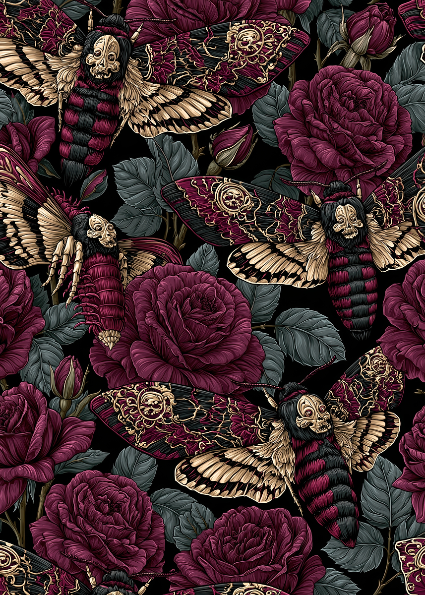 'Gothic Death's-Head Moth and Rose Pattern' Poster, picture, metal ...
